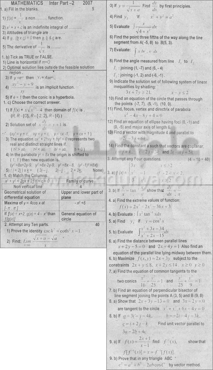 Federal Board Math Inter Part-2 2007