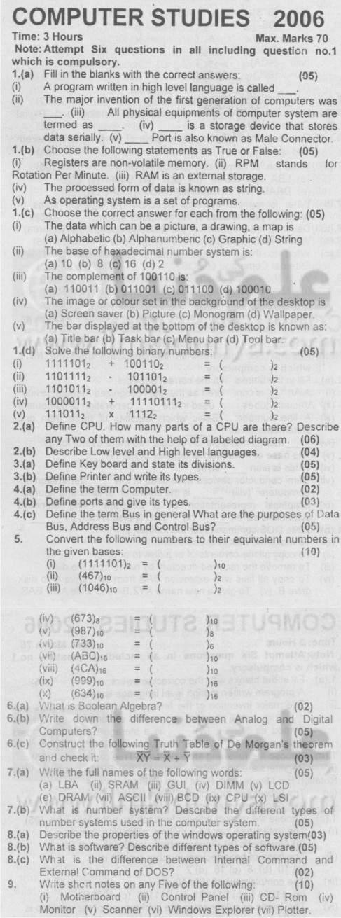 Past Paper 2006 Karachi Board 9th Class Computer Studies Objective and ...