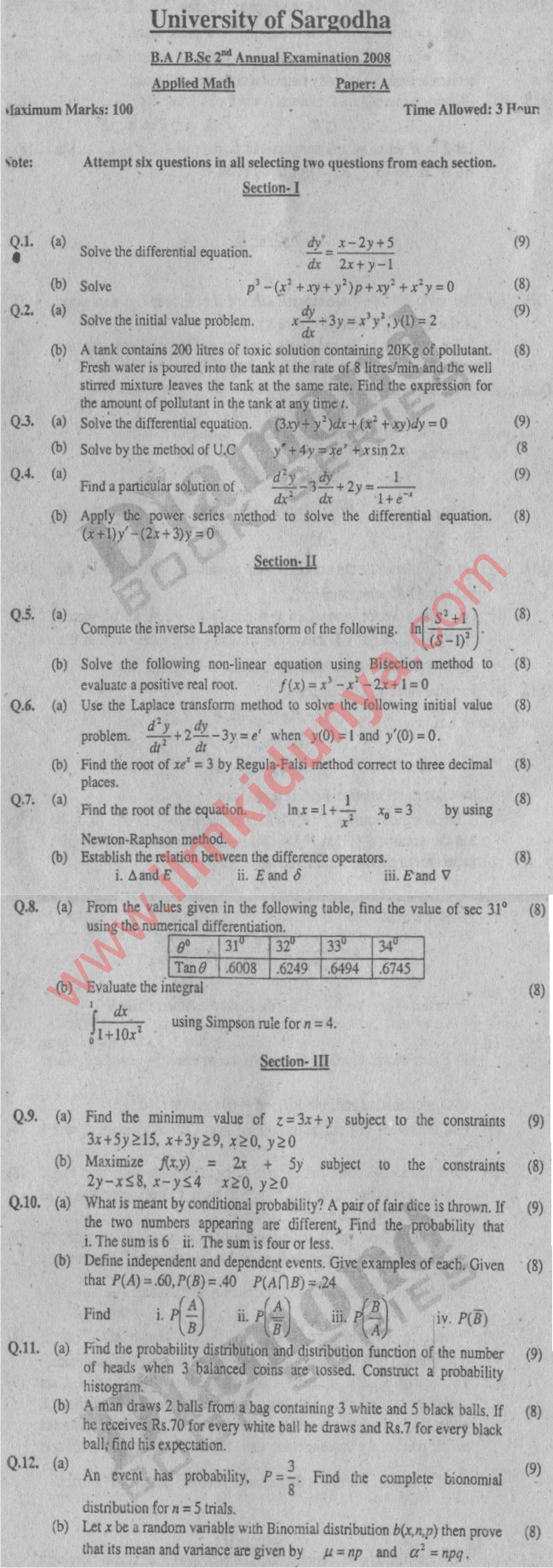 BA/BSc Applied Math Paper A Sargodha University 2008