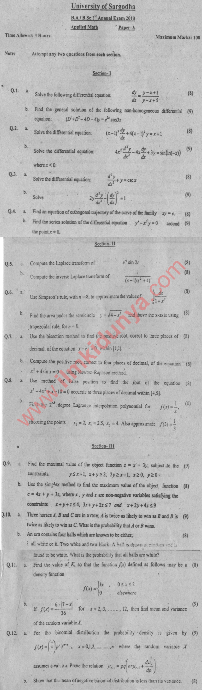 BA/BSc Applied Math Paper A Sargodha University 2010