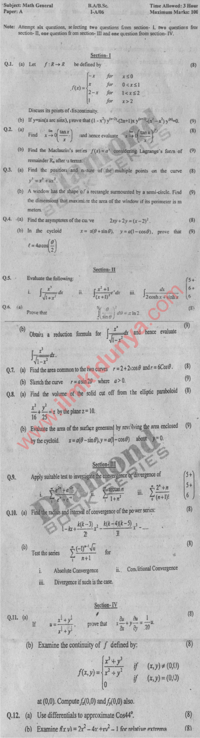 BA/BSc General Math Paper A Sargodha University 2006