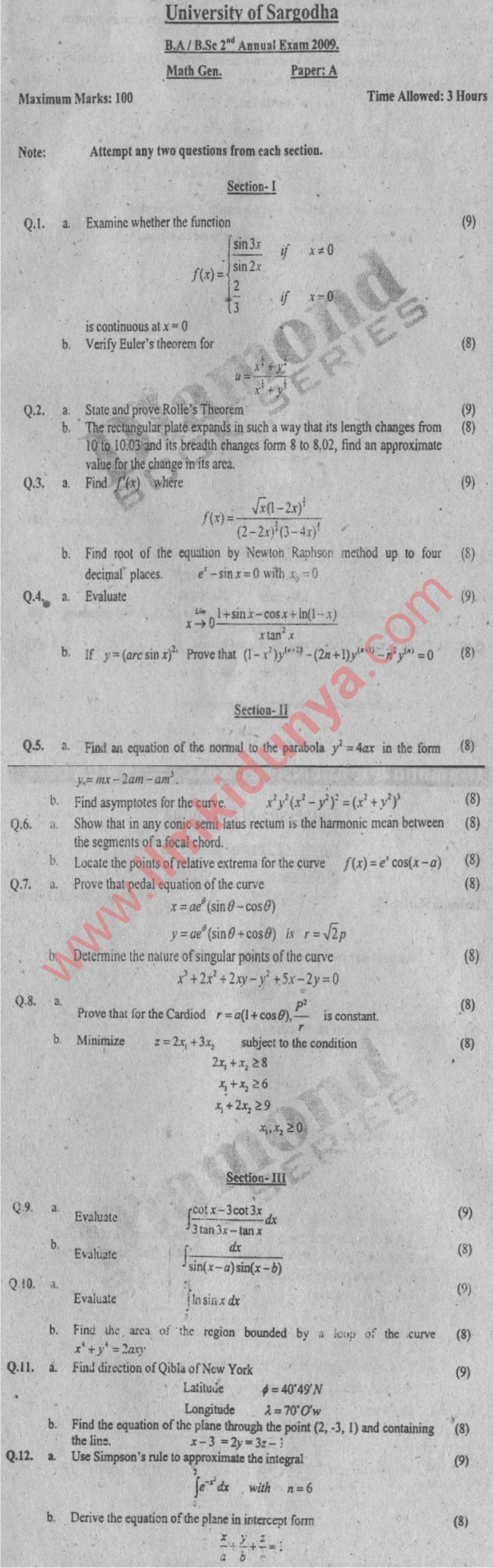 BA/BSc General Math Paper A Sargodha University 2009