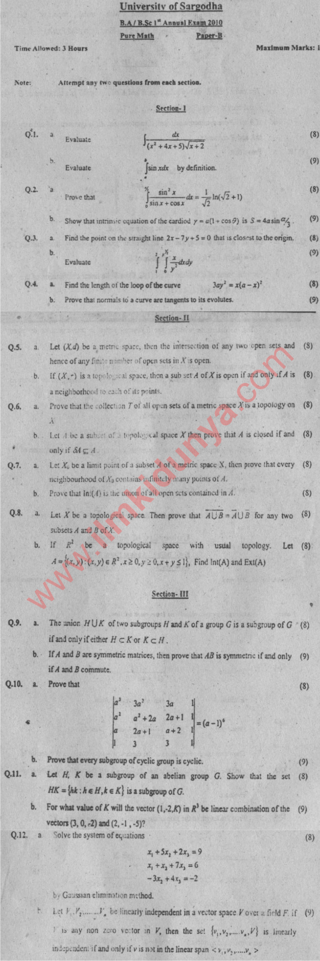 BA/BSc Pure Math Paper B Sargodha University 2010