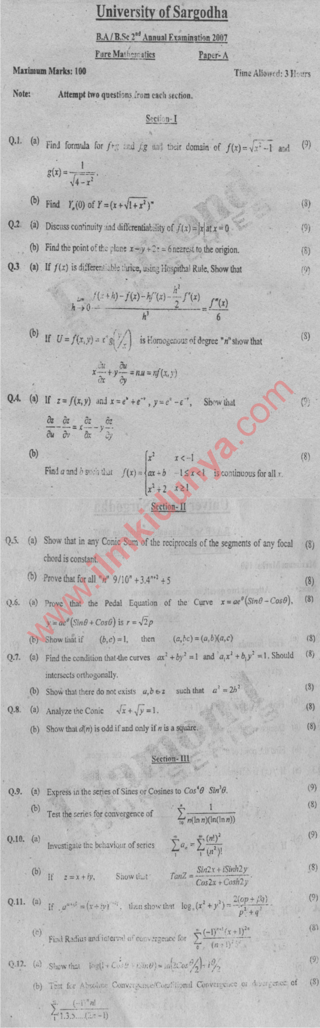 BA/BSc Pure Mathematics Paper A Sargodha University 2007