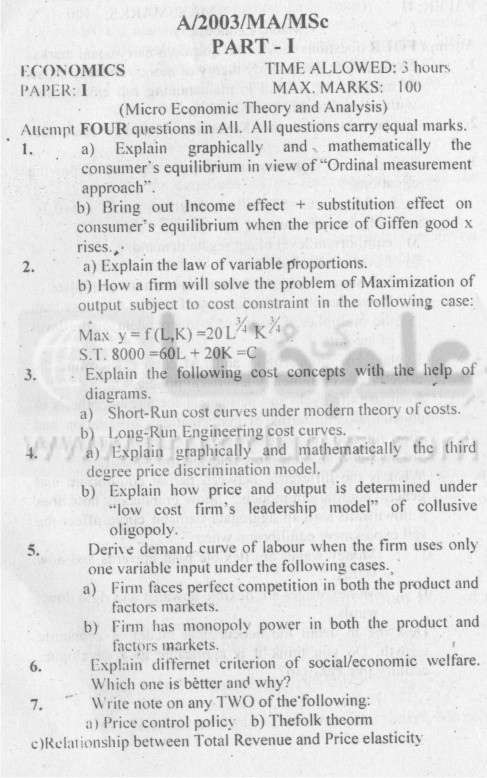 MA MSc Economics Part I Micro Economic Theory & Analysis Paper I PU 2003