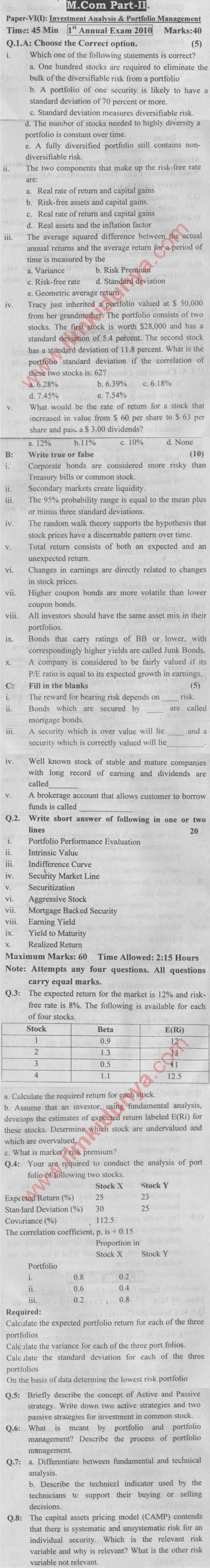 Sargodha University Past Papers 2010 MCom Part 2 Investment Analysis Sargodha University Past Papers 2010 MCom Part 2 Investment Analysis