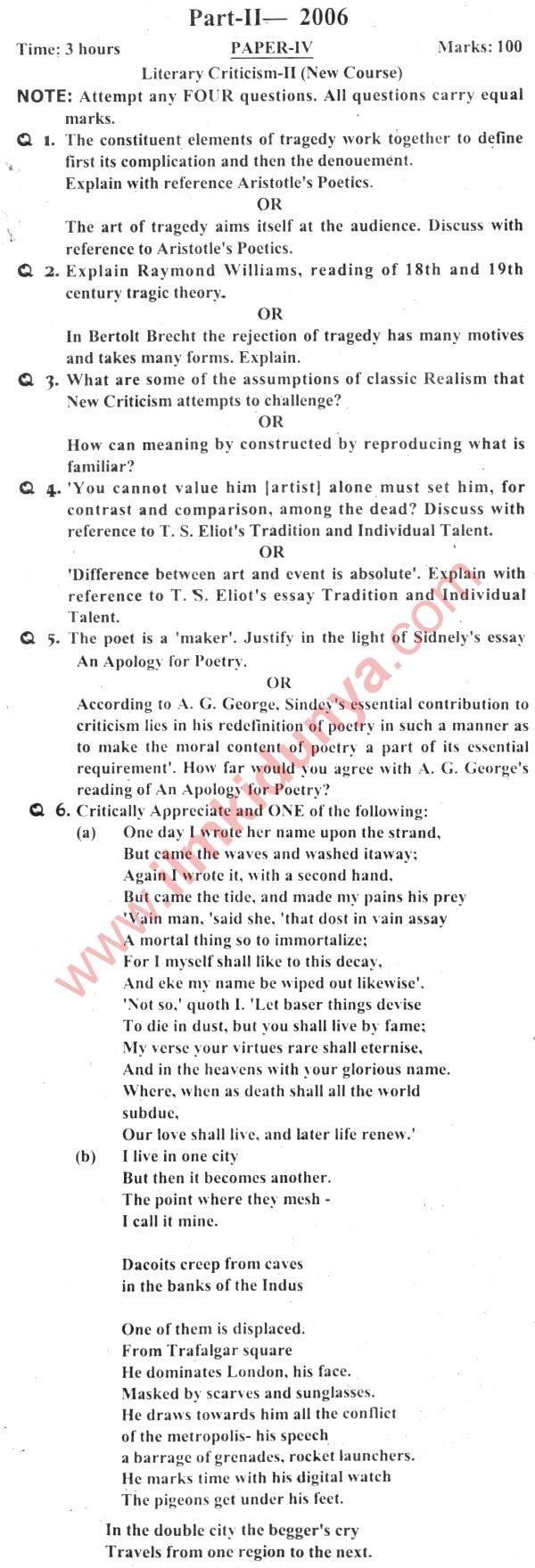 Past Papers 2006 Punjab University MA English Part 2 Literary Criticism past-papers-2006-punjab-university-ma-english-part-2-literary-criticism
