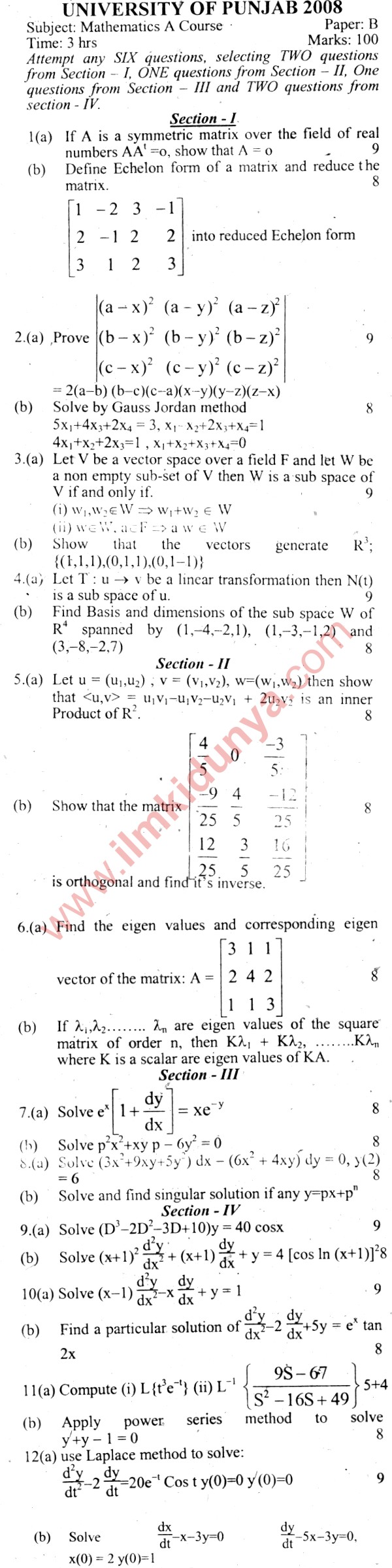 Past Papers 2008 Punjab Univesity BA BSc Mathematics A Course Paper B