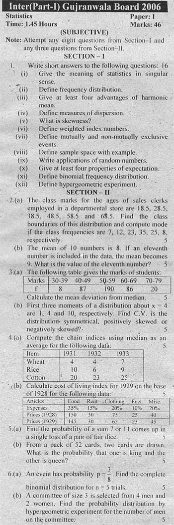 Past Papers 2006 Inter Part 1 Statistics Subjective Gujranwala Board