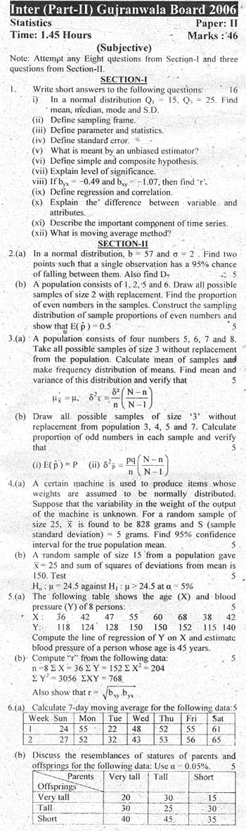 Past Papers 2006 Inter Part 2 Statistics Subjective Gujranwala Board