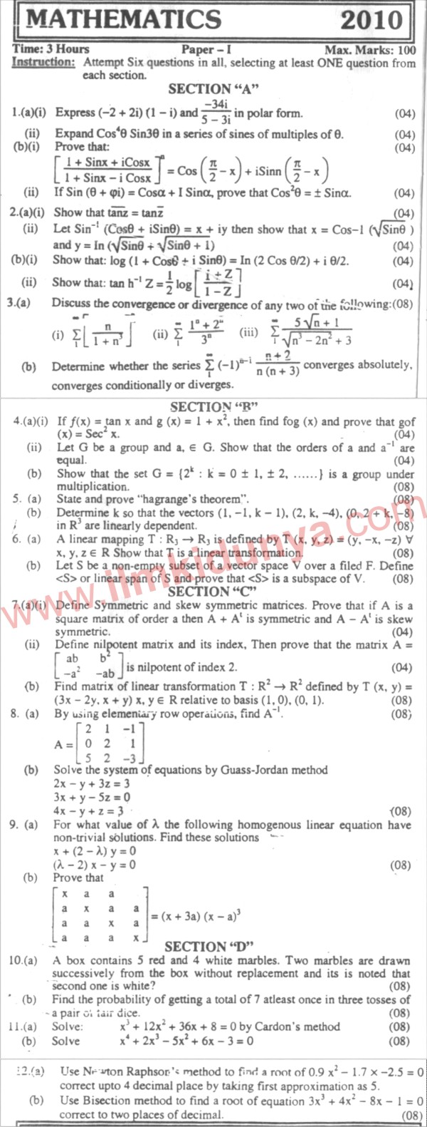 Karachi University Mathematics BSc Part 1 Past Paper 2010 Paper 1