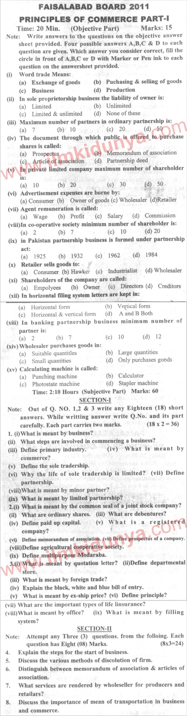 Faisalabad Board Principles of Commerce Icom Part 1 Past Paper 2011