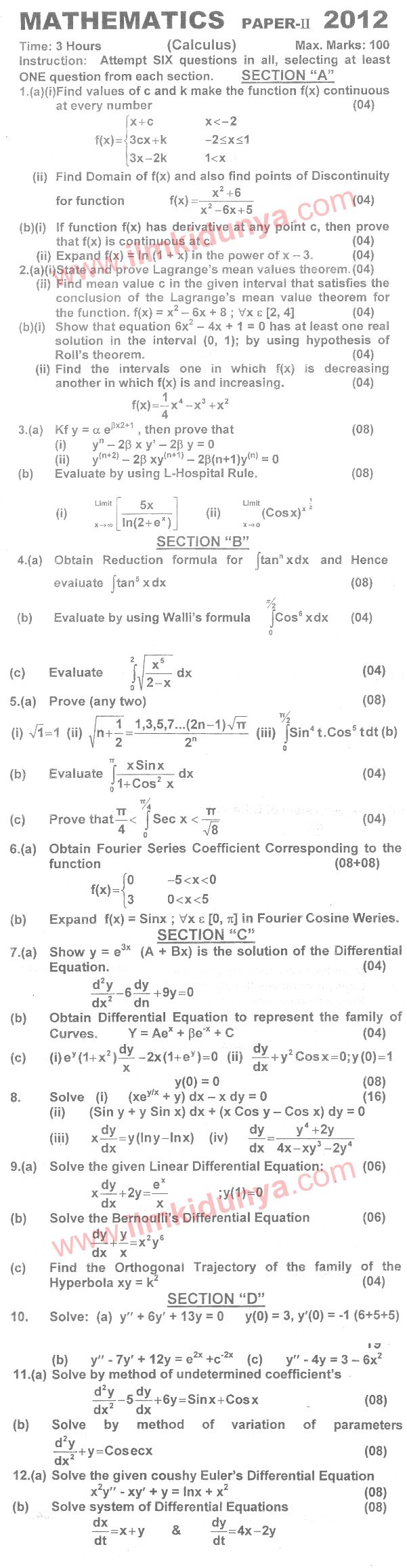 Karachi University Mathematics BSc Part 1 Past Paper 2012 Paper 2