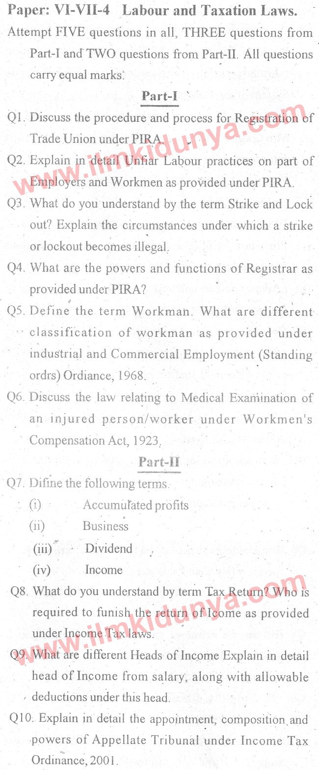 Past Papers 2013 LLB Part 3 Labour and Taxation Laws Paper 7