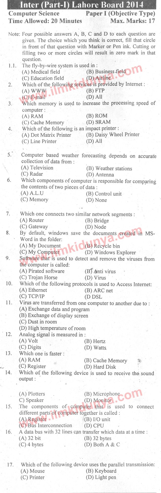 Past Papers 2014 Lahore Board Inter Part 1 Computer Science Objective Past Papers 2014 Lahore Board Inter Part 1 Computer Science Objective