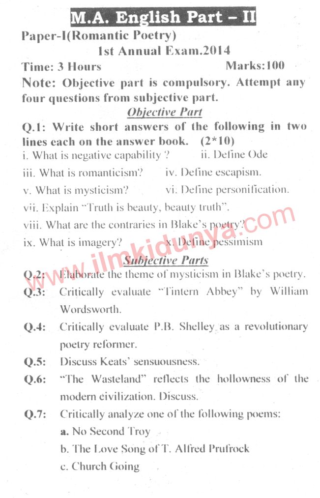 Past Papers 2014 Sargodha University MA English Part 2 Romantic Poetry ...