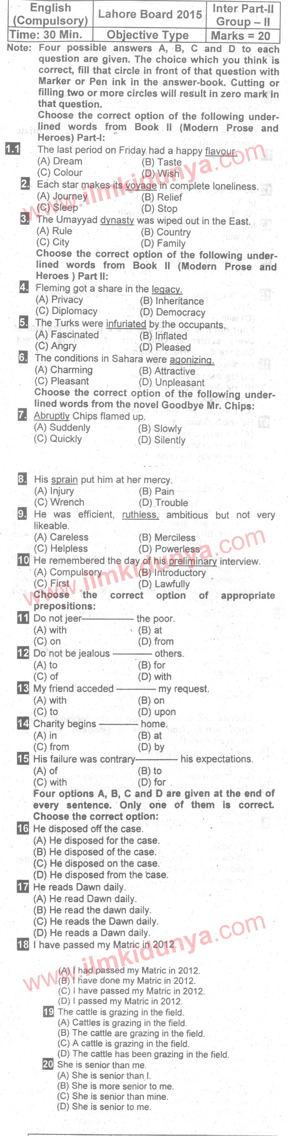 Past Papers 2015 Lahore Board Inter Part 2 English Objective Group 2