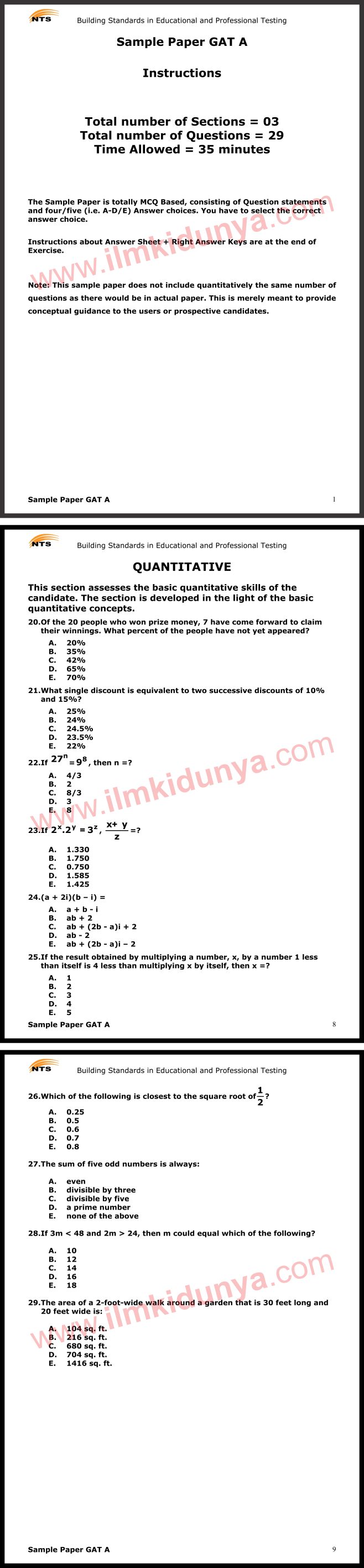 NTS Sample Papers Past Papers GAT A Quantitative