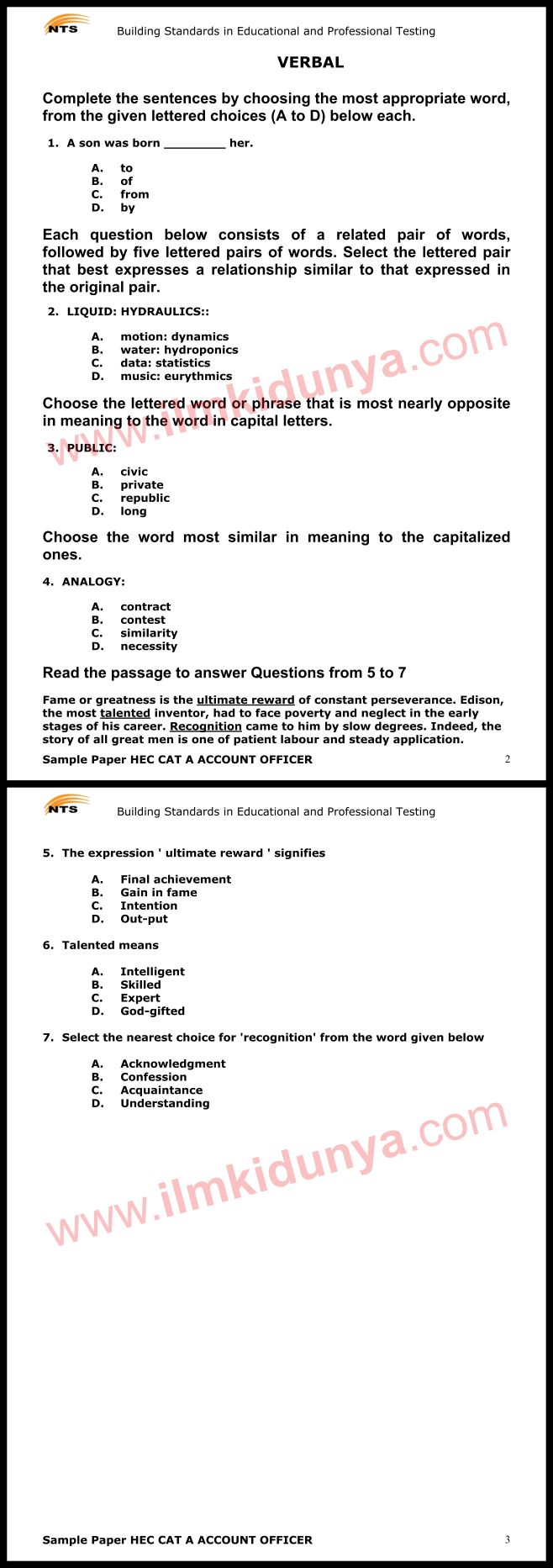 NTS Sample Past Papers HEC CAT A Account Officer Verbal NTS Sample Past Papers HEC CAT A Account Officer Verbal