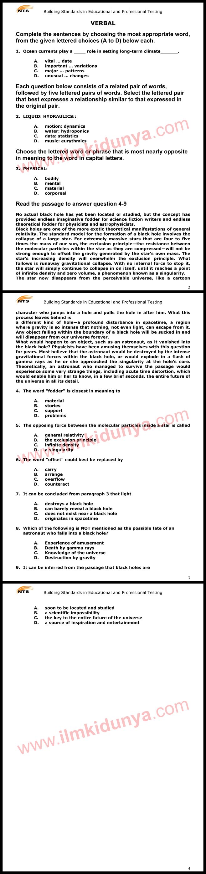 NTS Sample Past Papers Management Trainee MTO Verbal