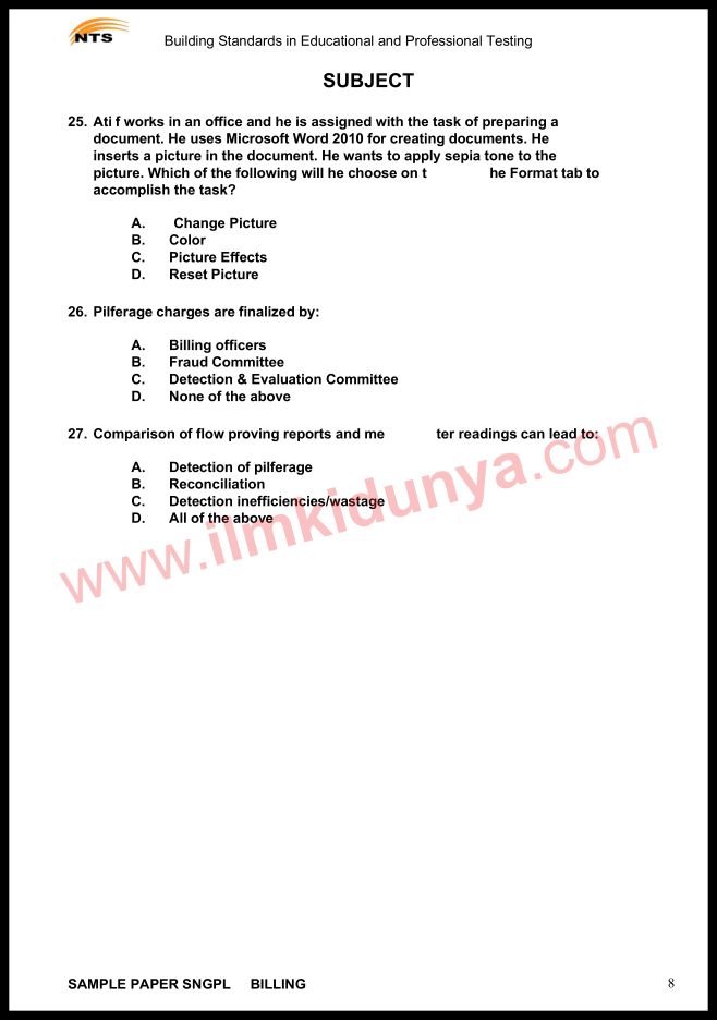 NTS Sample Past Papers Billing Department Subject NTS Sample Past Papers Billing Department Subject