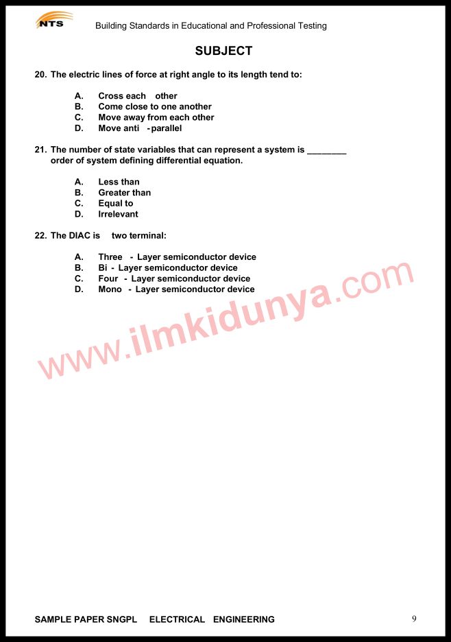 NTS Sample Past Papers Electrical Engineering Department Subject NTS Sample Past Papers Electrical Engineering Department Subject