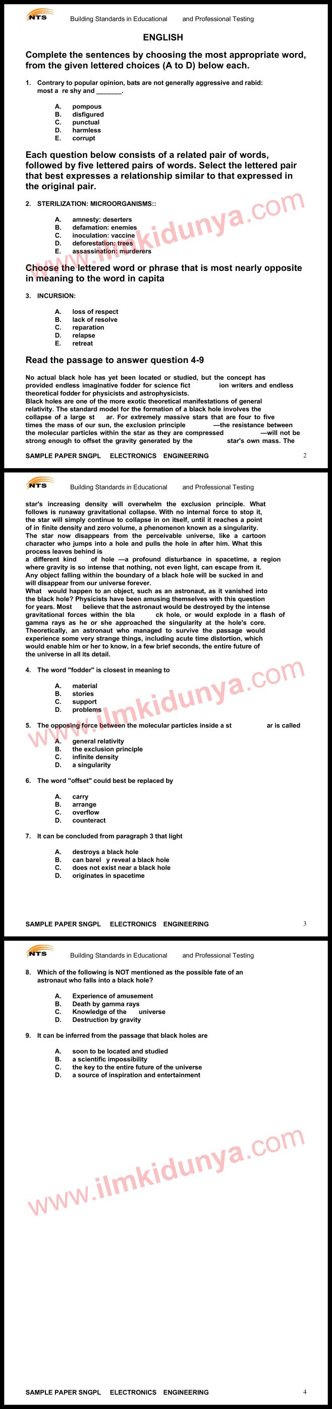 NTS Sample Past Papers Electronics Engineering Department English