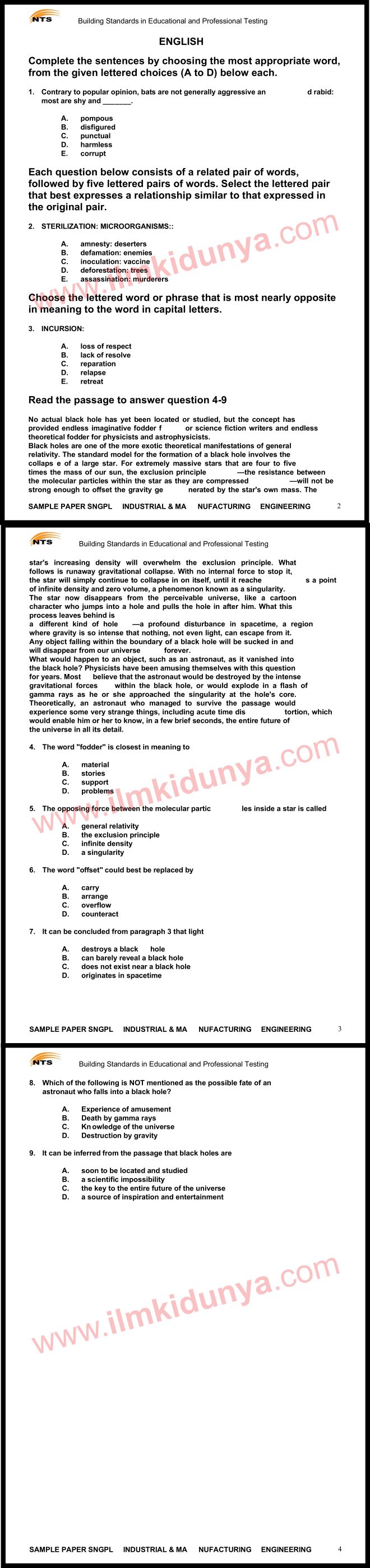 NTS Sample Past Papers Industrial and Manufacturing Engineering ...