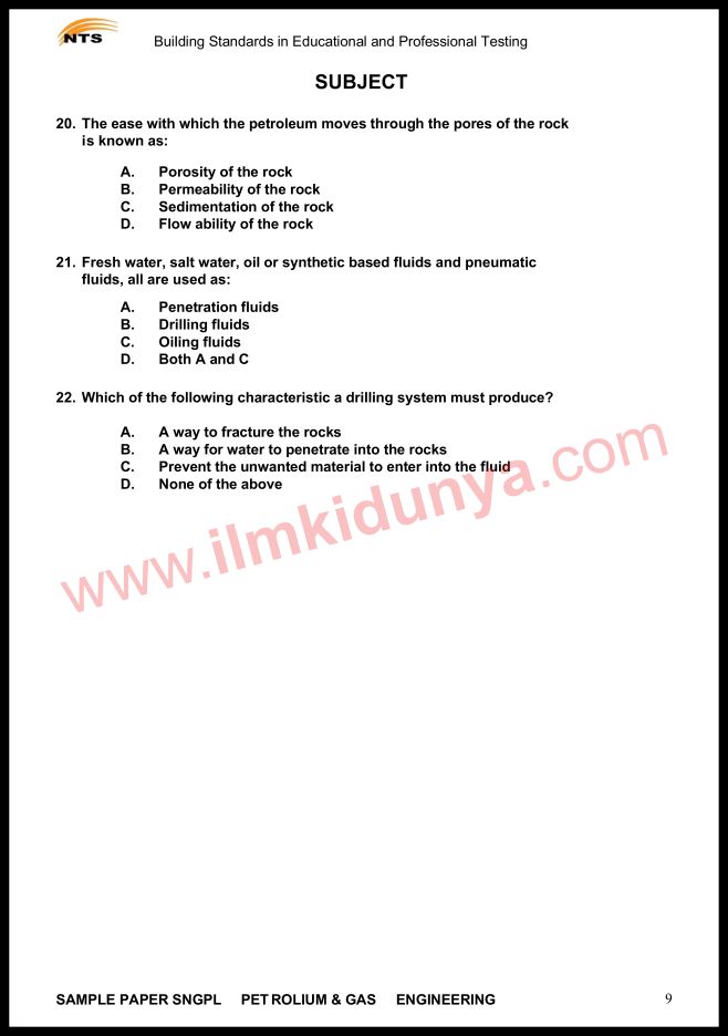NTS Sample Past Papers Petroleum and Gas Engineering Department Subject