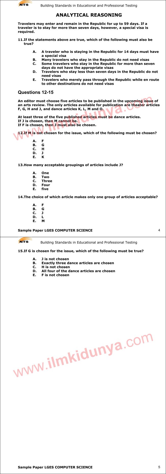NTS Sample Past Papers Information Technology Computer Science Teacher ...