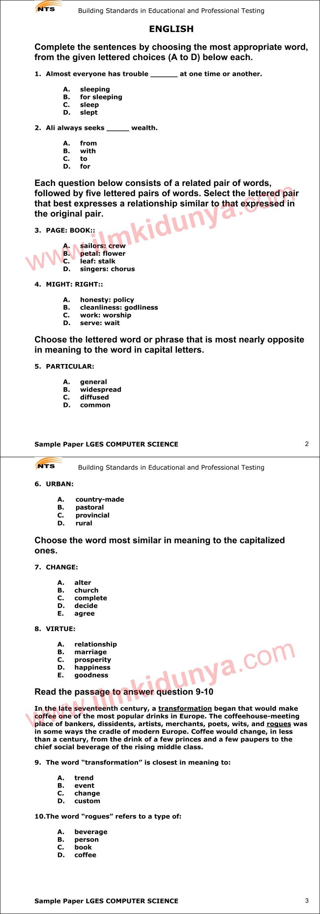 NTS Sample Past Papers Information Technology Computer Science Teacher ...