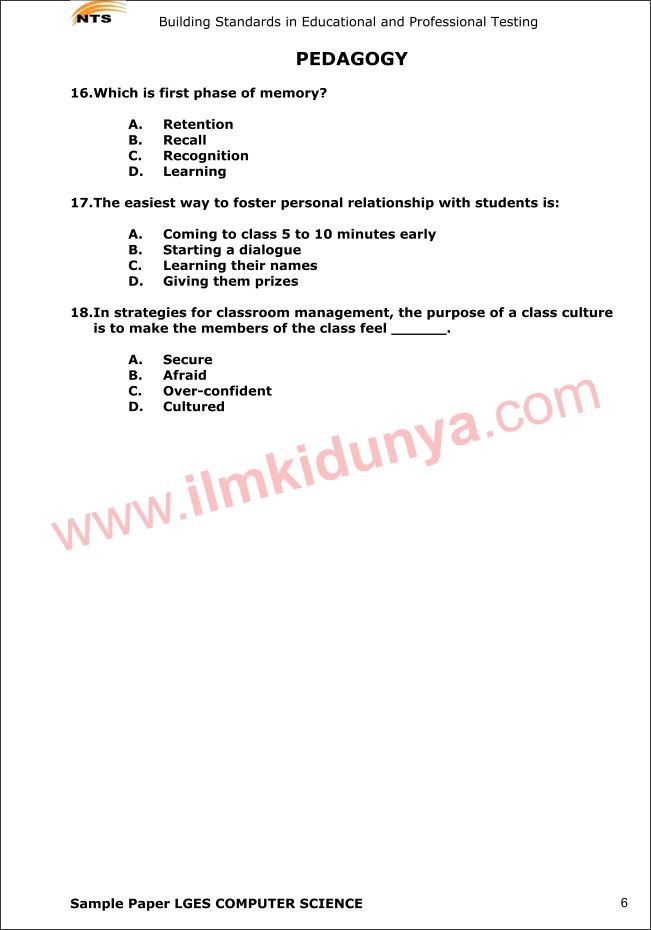NTS Sample Past Papers Information Technology Computer Science Teacher ...