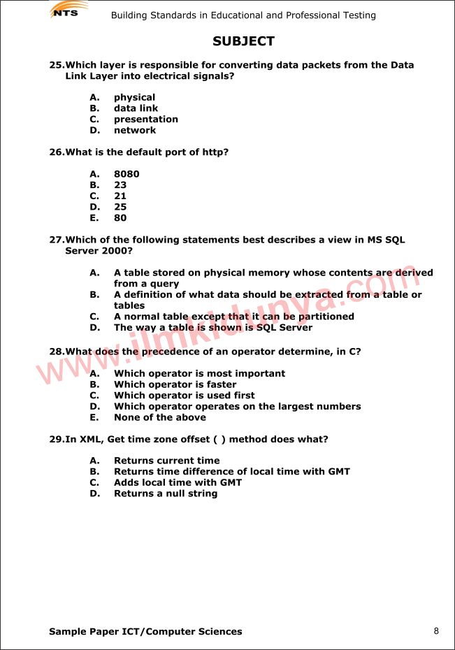 NTS Sample Past Papers Miscellaneous ICT Computer Science Subject