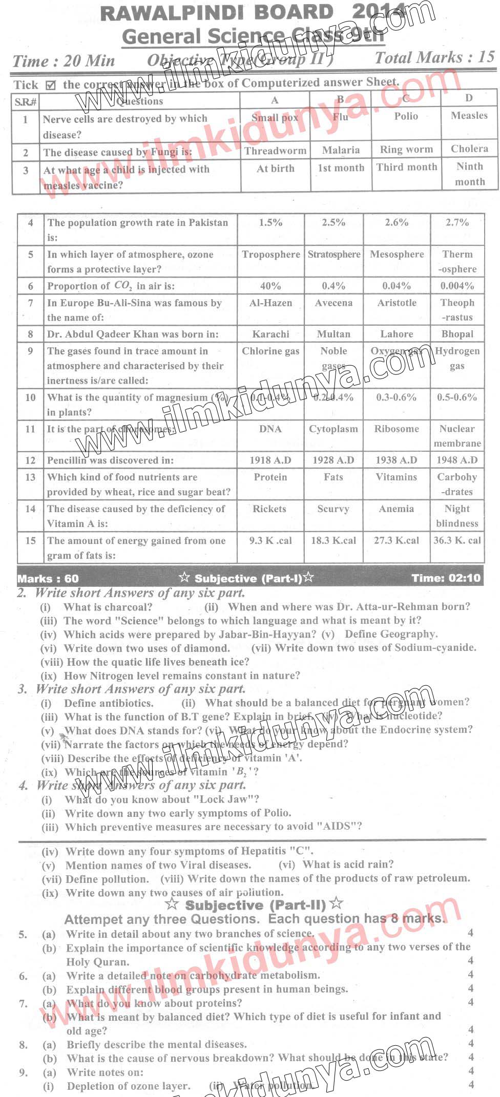 Past Papers 2014 Rawalpindi Board 9th Class General Science Group 2 Past Papers 2014 Rawalpindi Board 9th Class General Science Group 2