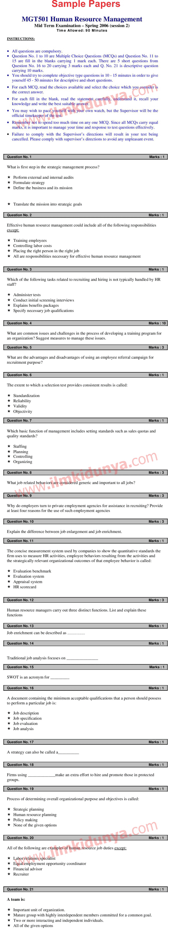 Mgt501 Human Resource Management Ba Business Administration Vu
