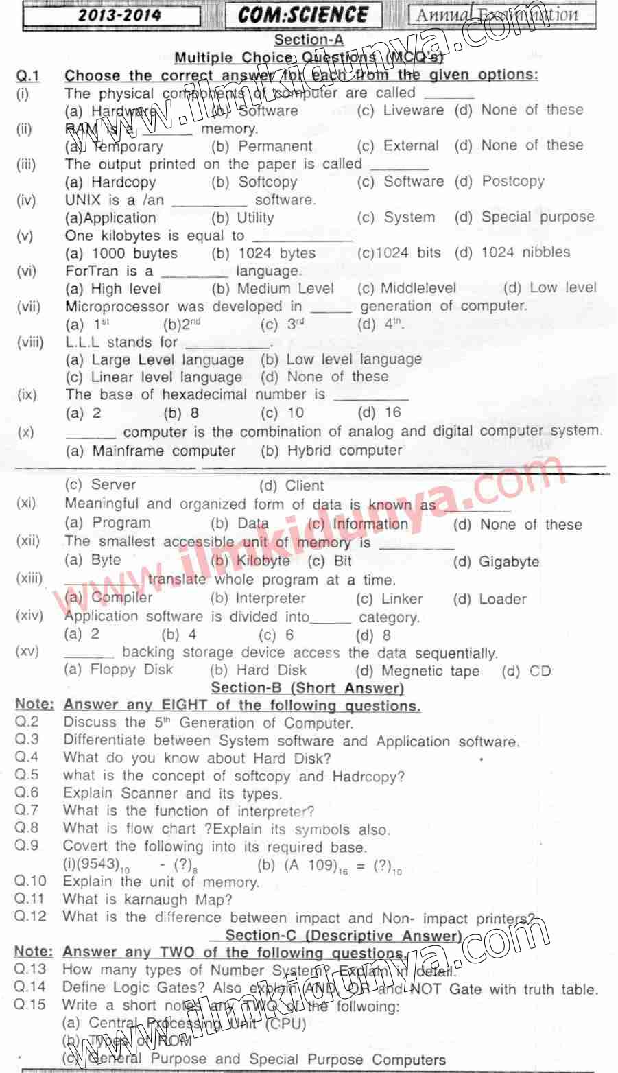 Past Papers 2014 Hyderabad Board Inter Part 1 Computer Science English ...