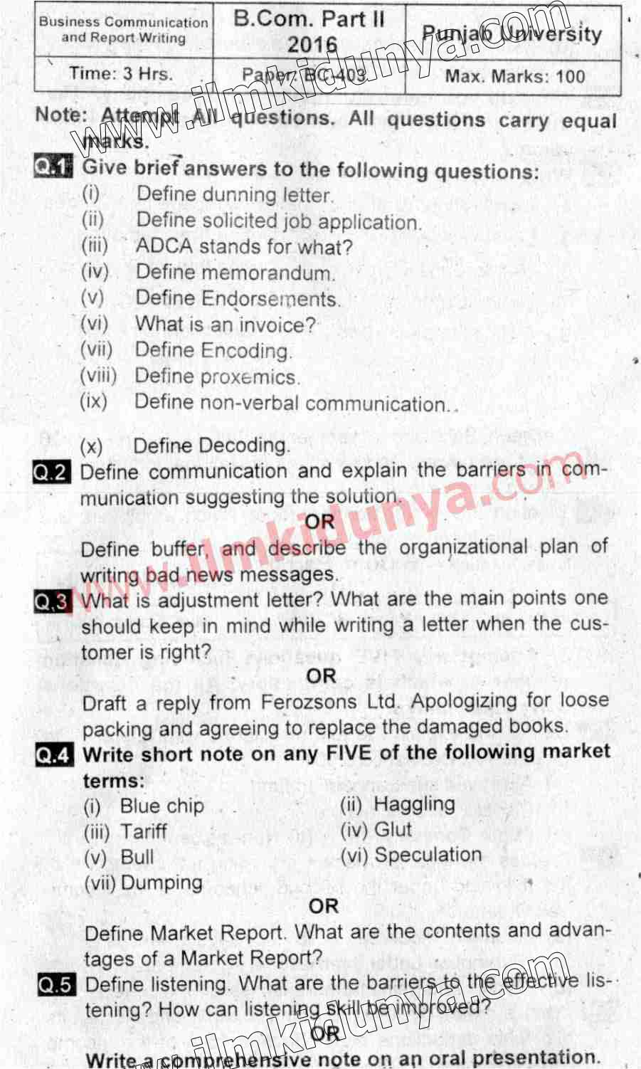 Past Paper Punjab University 2016 BCom Part 2 Business Communication