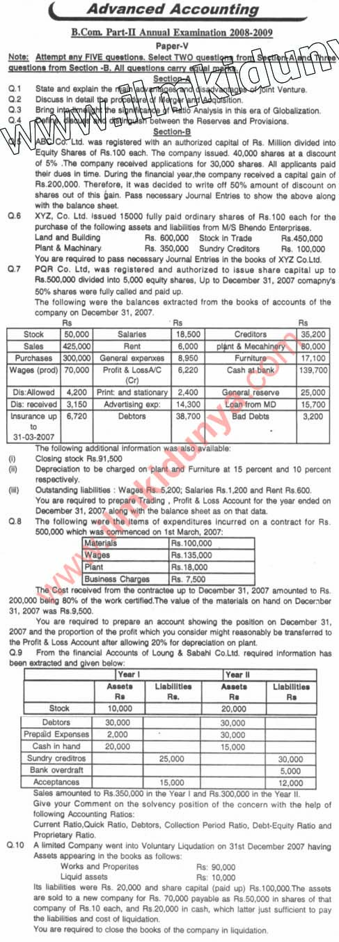 Past Papers 2008 University of Sindh BCom Part 2 Advanced Accounting