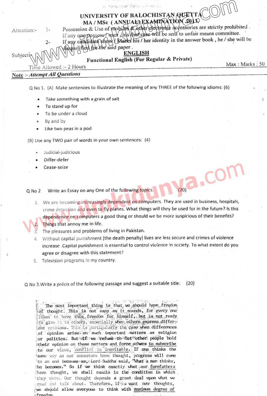University Of Balochistan Ma Msc Economics Past Paper 2013 Functional