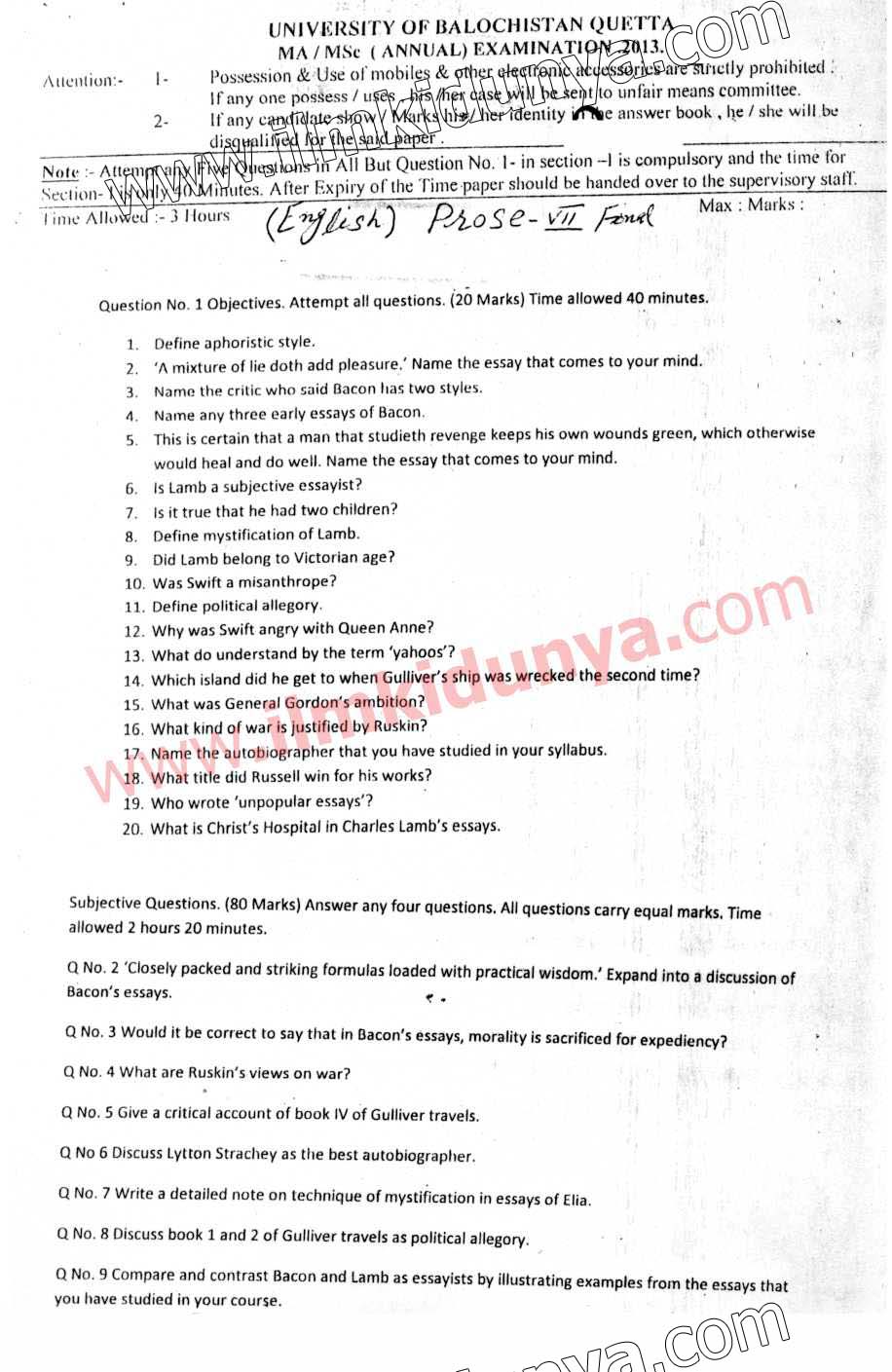 University Of Balochistan Ma Msc English Past Paper 2013 Prose