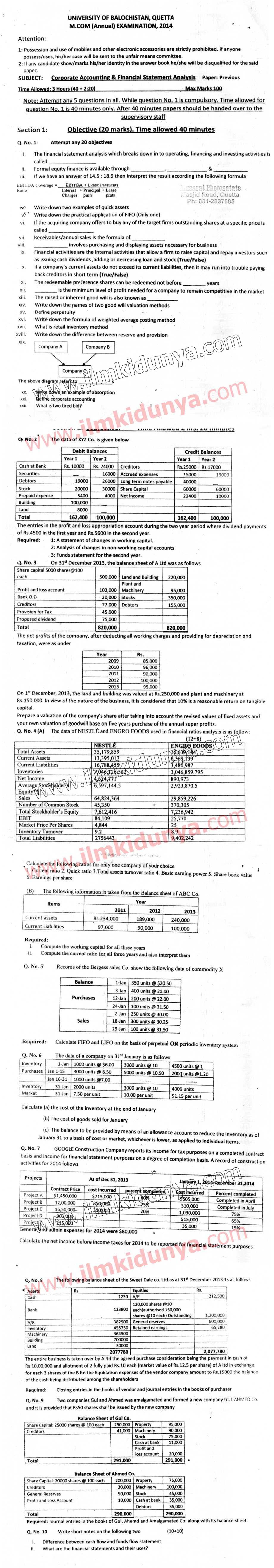 University Of Balochistan Mcom Part 1 Past Paper 2014 Corporate