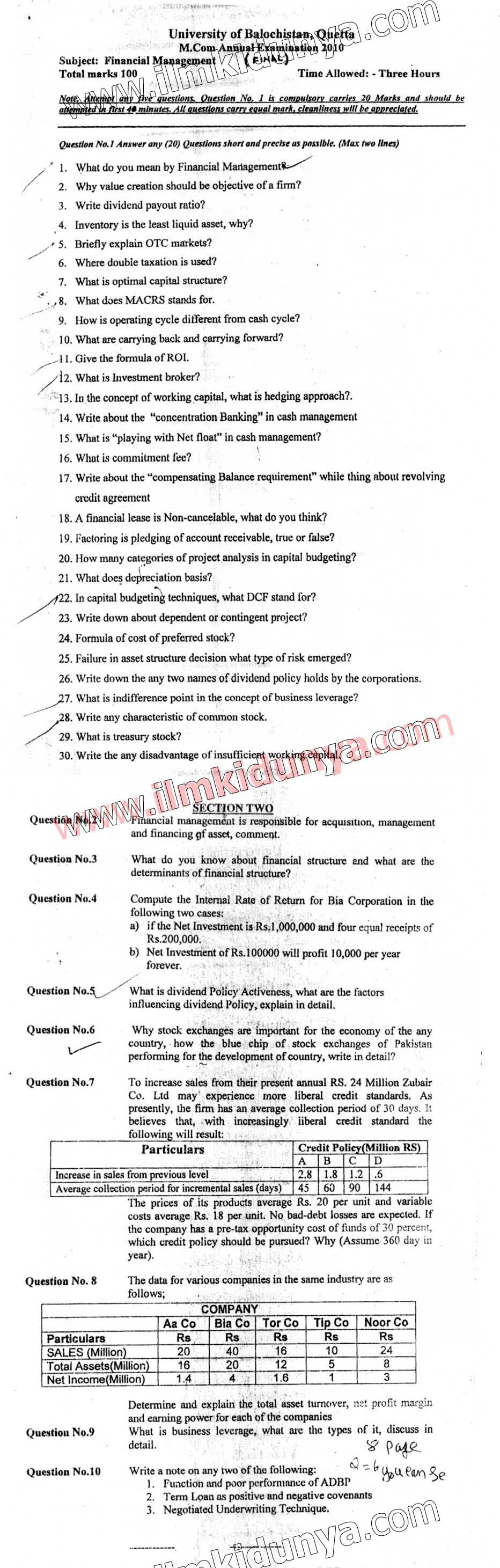 University Of Balochistan Mcom Part 2 Past Paper 2010 Financial Management