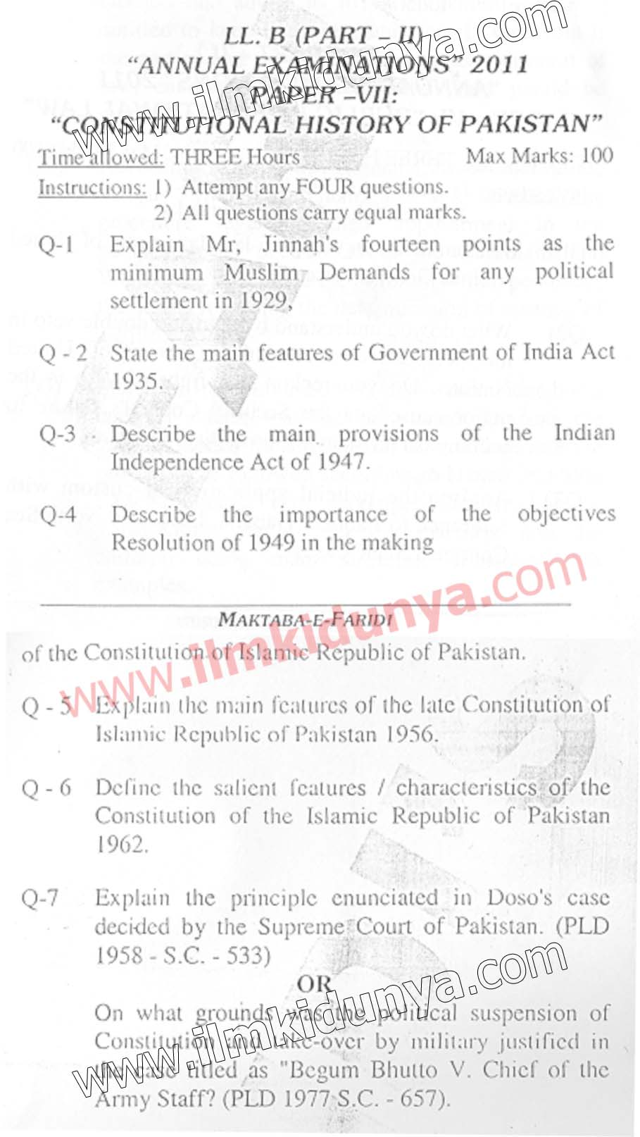 Past Papers 2011 Karachi University LLB Constitutional History of ...
