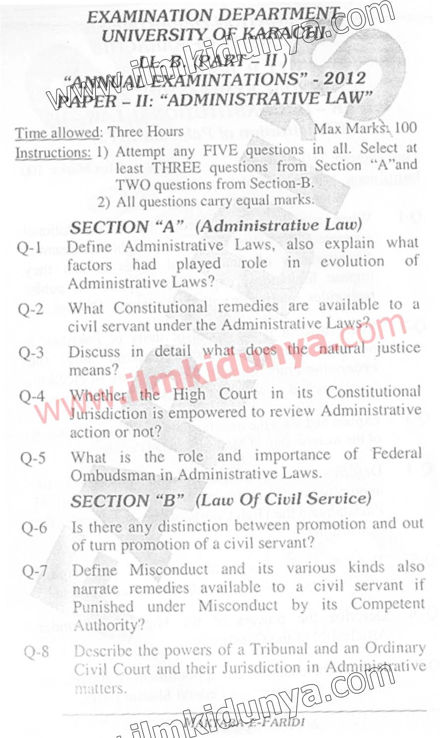 Past Papers 2012 Karachi University LLB Administrative Law Paper 2 part 2
