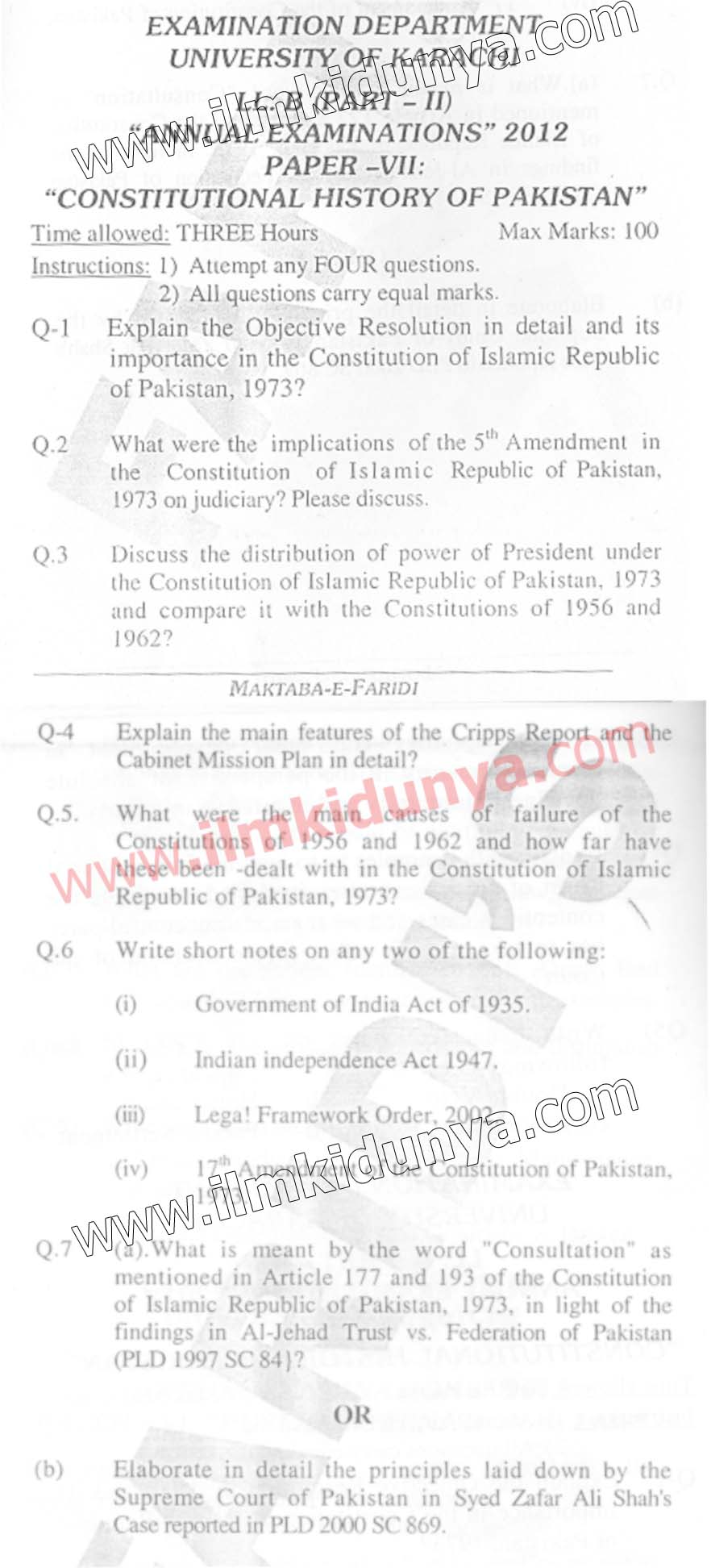 Past Papers 2012 Karachi University LLB Constitutional History of ...