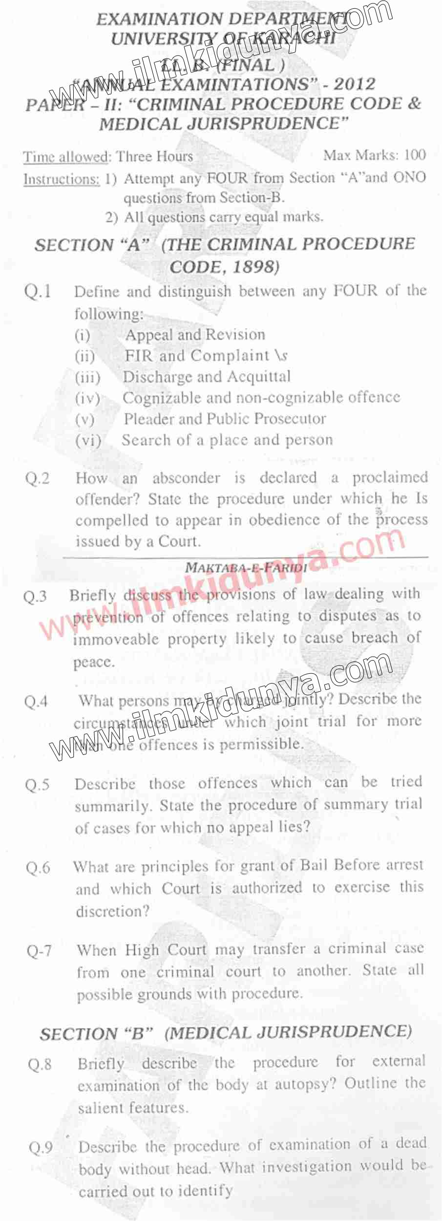 Past Papers 2012 Karachi University LLB Criminal Procedure Code ...