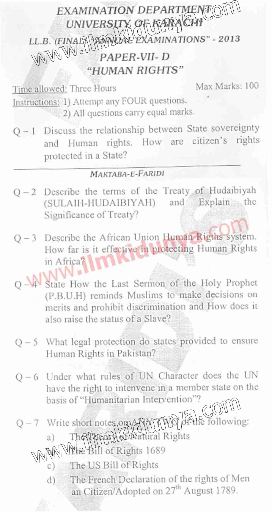 Past Papers 2013 Karachi University LLB Human Rights Paper 7 D part 3