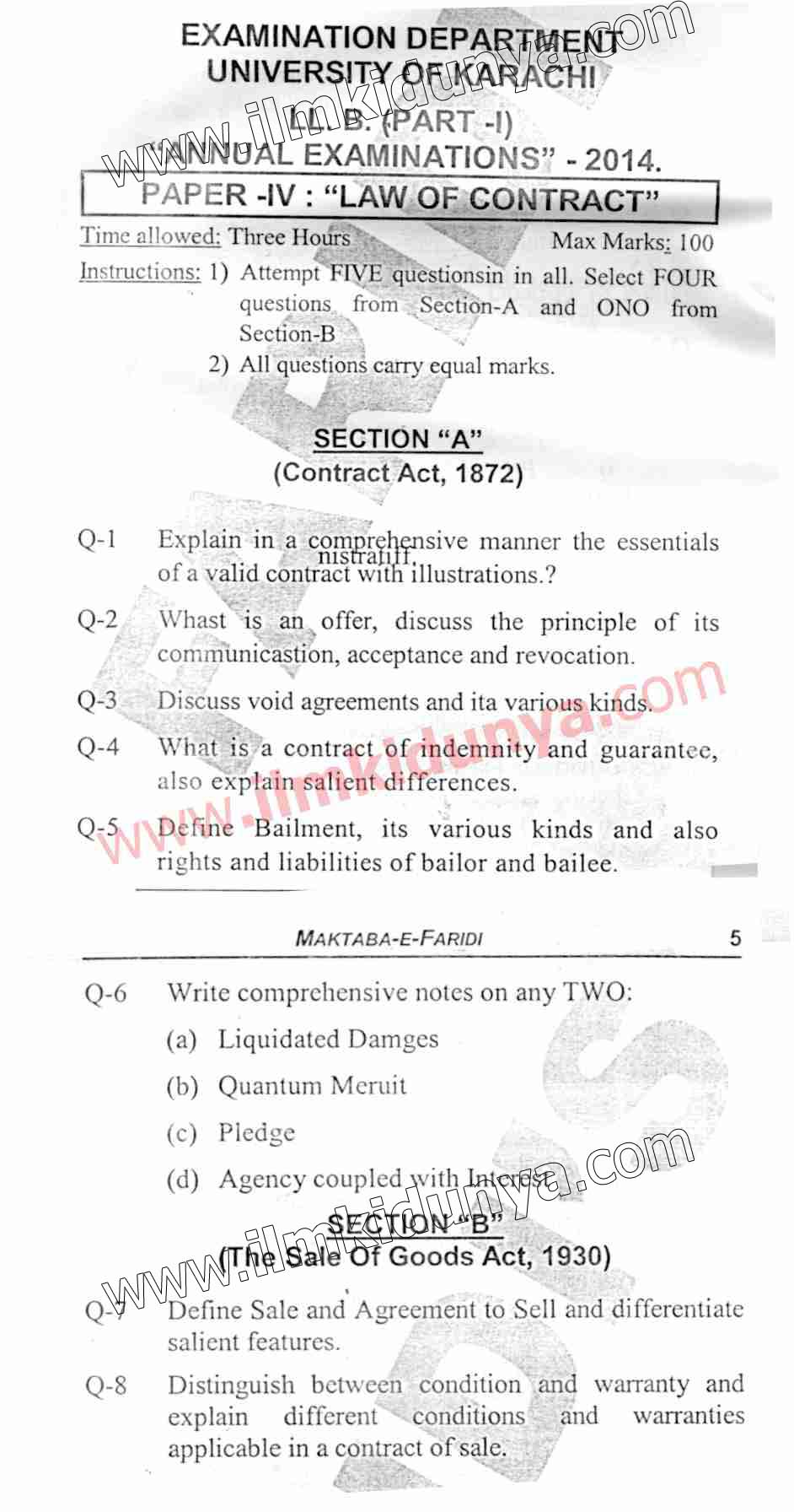 Past Papers 2014 Karachi University LLB Law of Contract Paper 4 part1