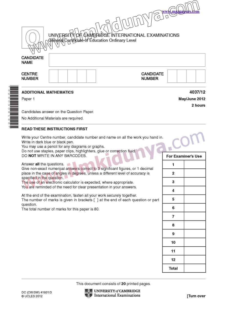 Past Paper 2012 CIE Cambridge International Examinations O Level ...