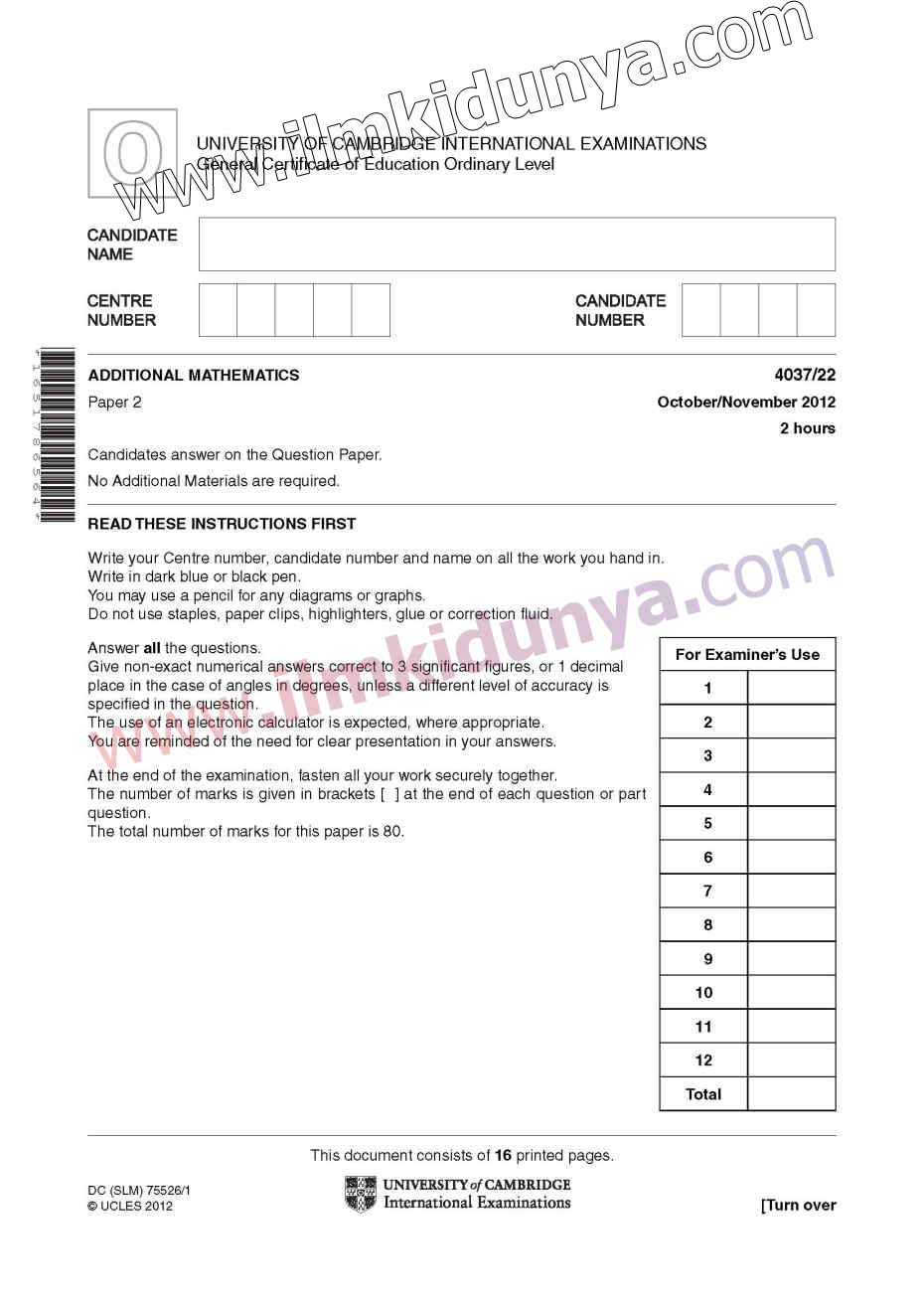Past Paper 2012 CIE Cambridge International Examinations O Level ...